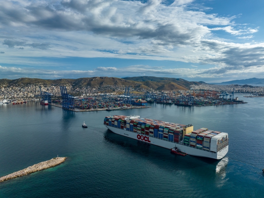 One of the largest container ships in the world at the port of Piraeus ...